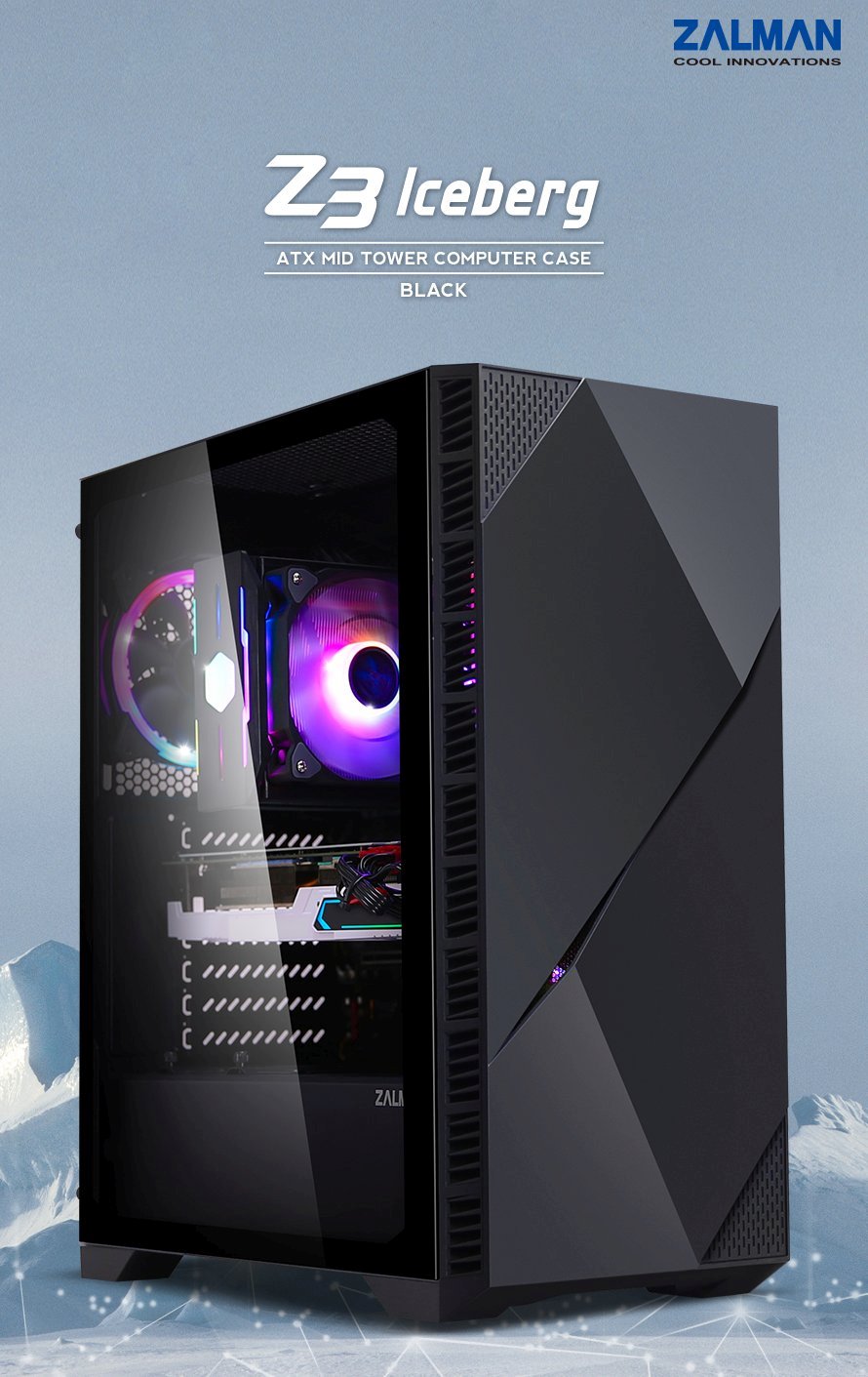 Кутия Zalman Z3 ICEBERG BLACK aRGB Tempered Glass Case ATX